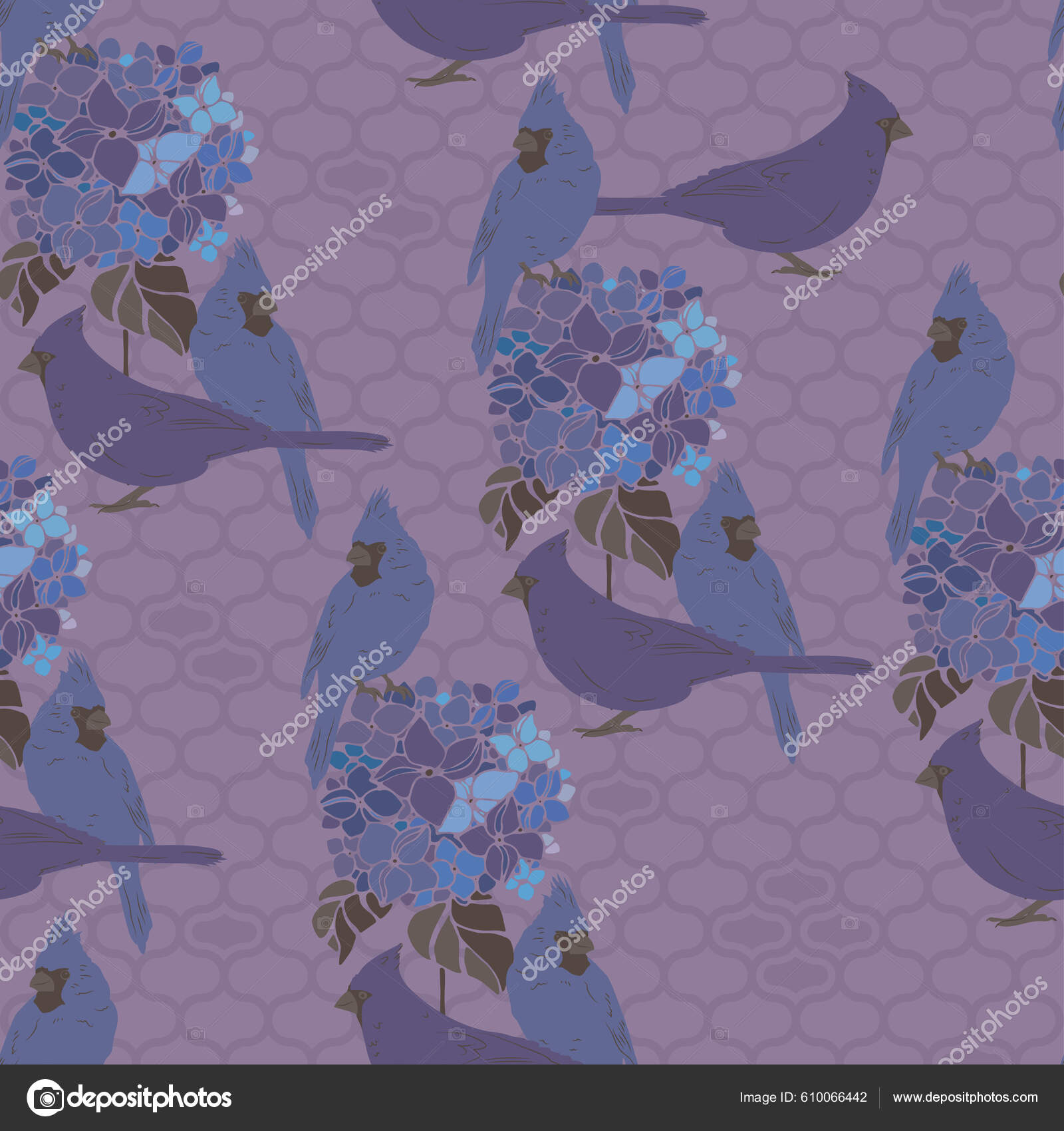 Seamless Vector Pattern Pretty Cardinal Birds Romantic Flowers Suitable ...