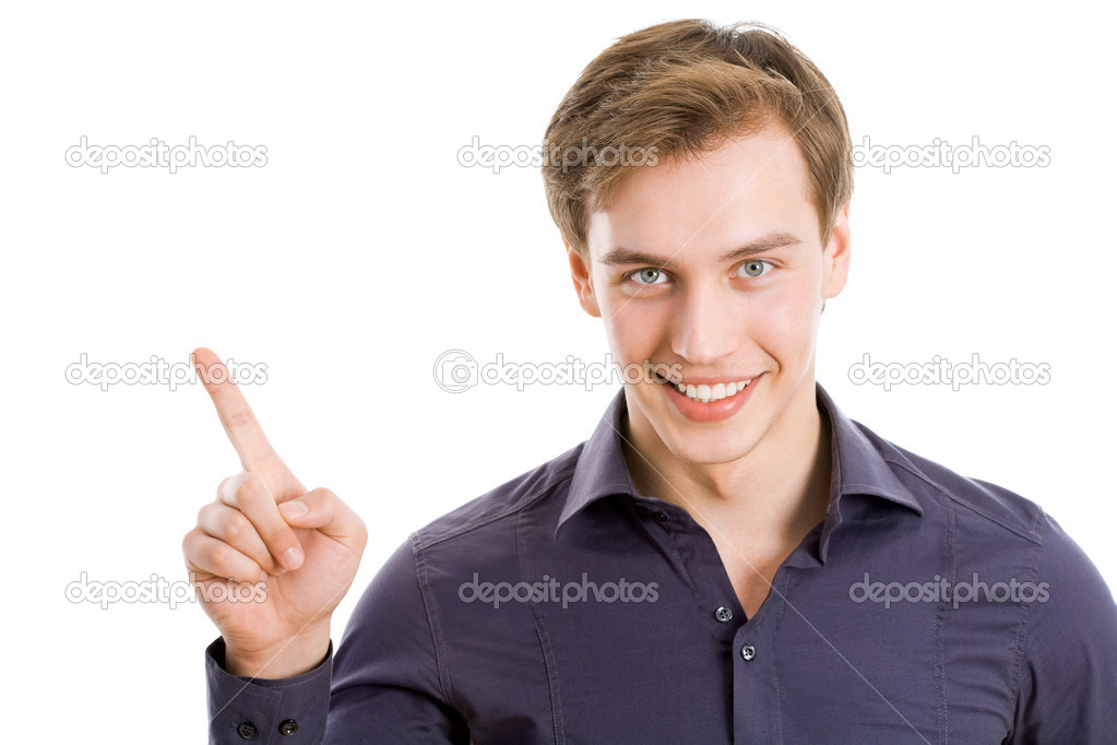 Business man pointing showing copy space — Stock Photo © chagin #44810761