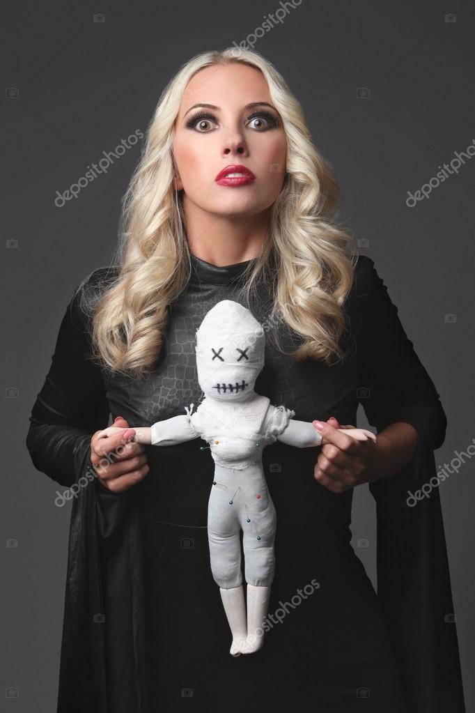 Voodoo Doll Girl Costume Witch Holding A Voodoo Doll Costume For Halloween Party Blond Witch