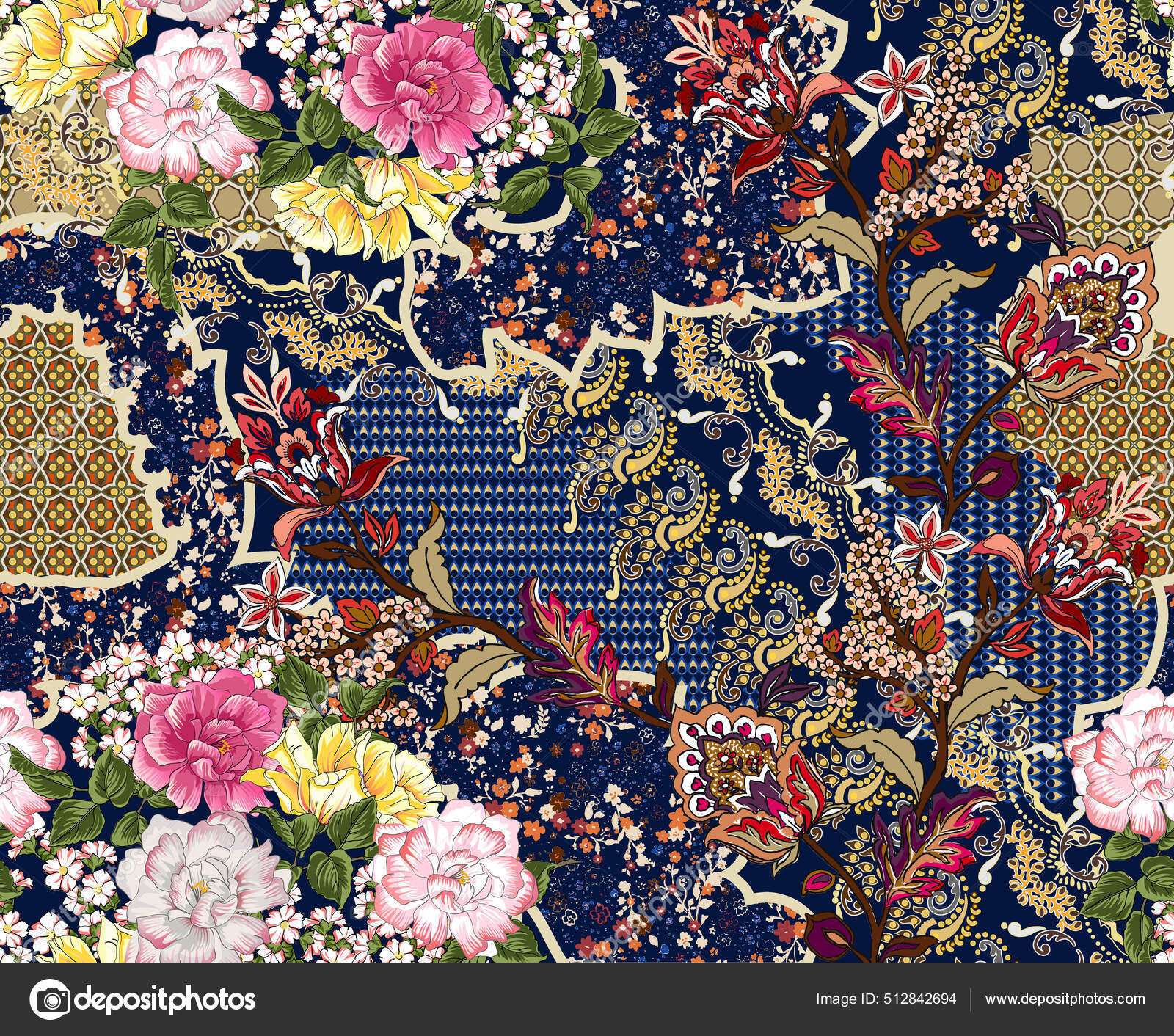 Boho Floral Pattern Dark Background Patch Pattern Traditional Indian ...