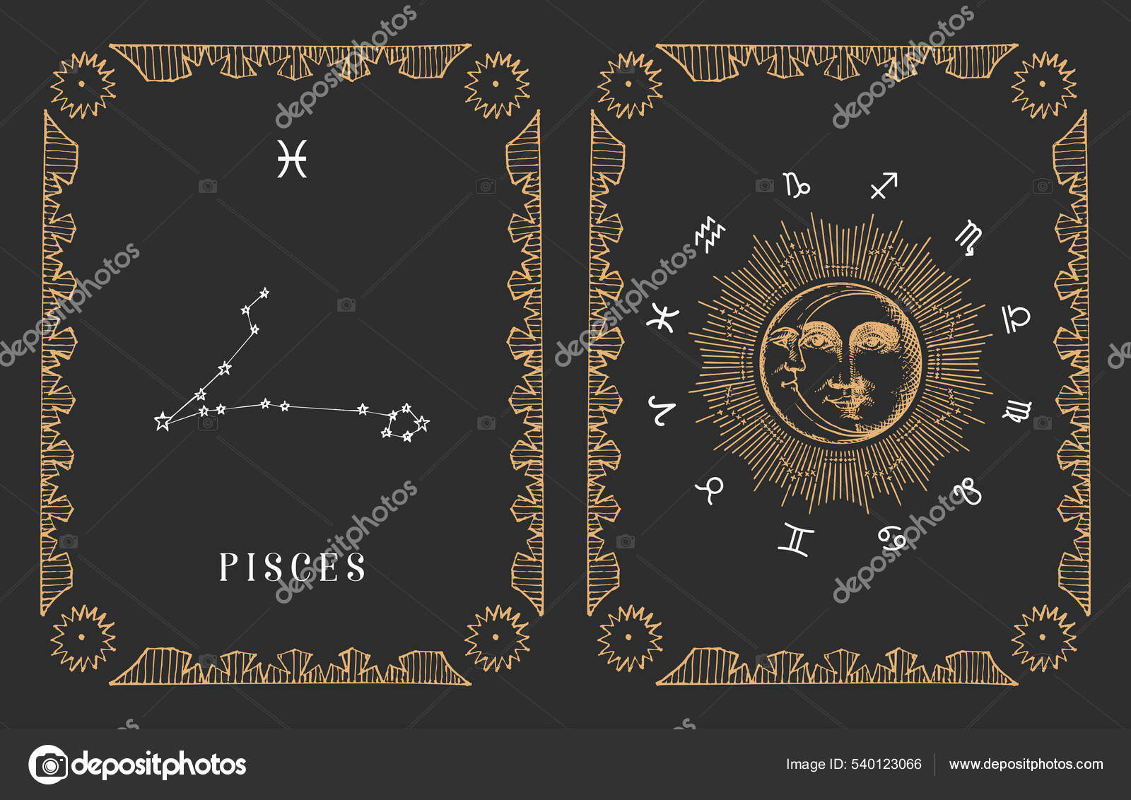 Pisces zodiac constellation, old card in vector. Stock Vector by ...