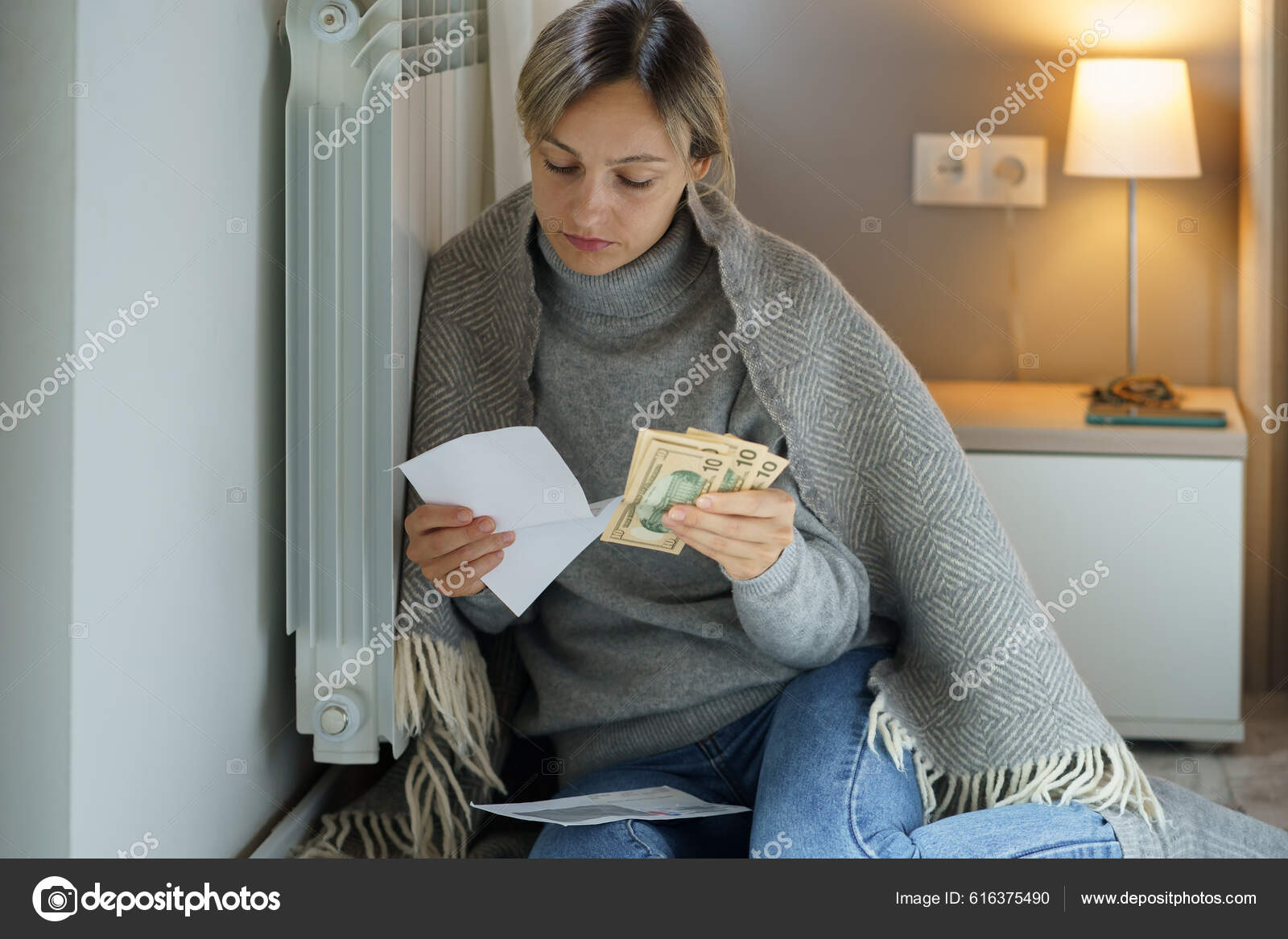 Sad Woman Leaning Cold Central Heating Radiator Looks Bills Holds Stock ...