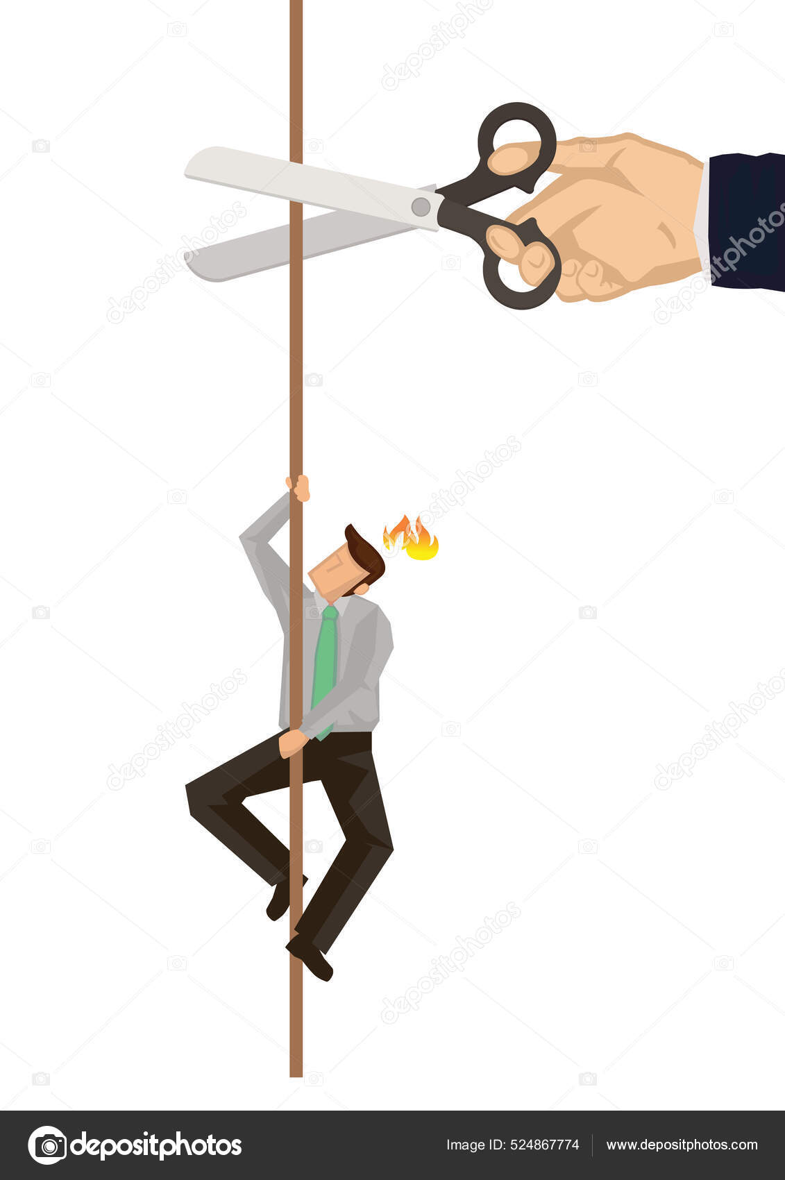 Businessman Climbing Rope While Giant Hand Scissors Cutting Rope ...