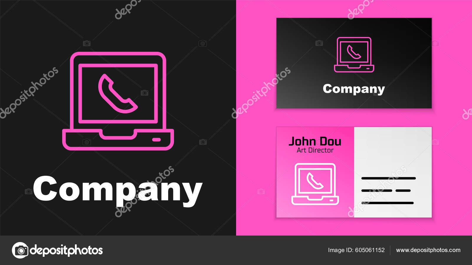 Pink Line Telephone Hours Support Icon Isolated Black Background All ...
