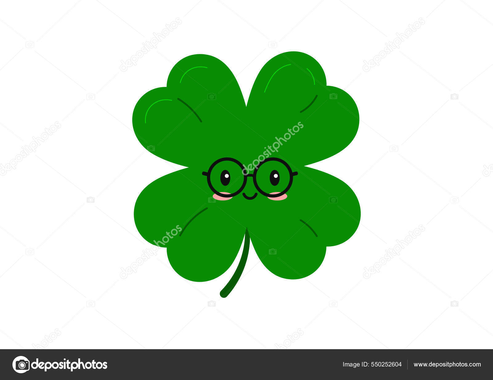 Lindo trébol de cuatro hojas niños carácter en gafas aisladas sobre ...
