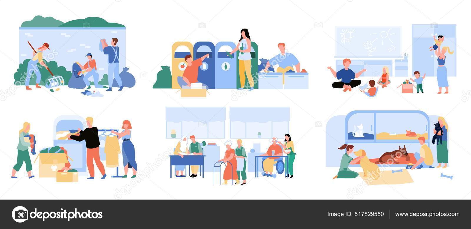 Young volunteer helping needy people flat vector set Stock Vector by ...