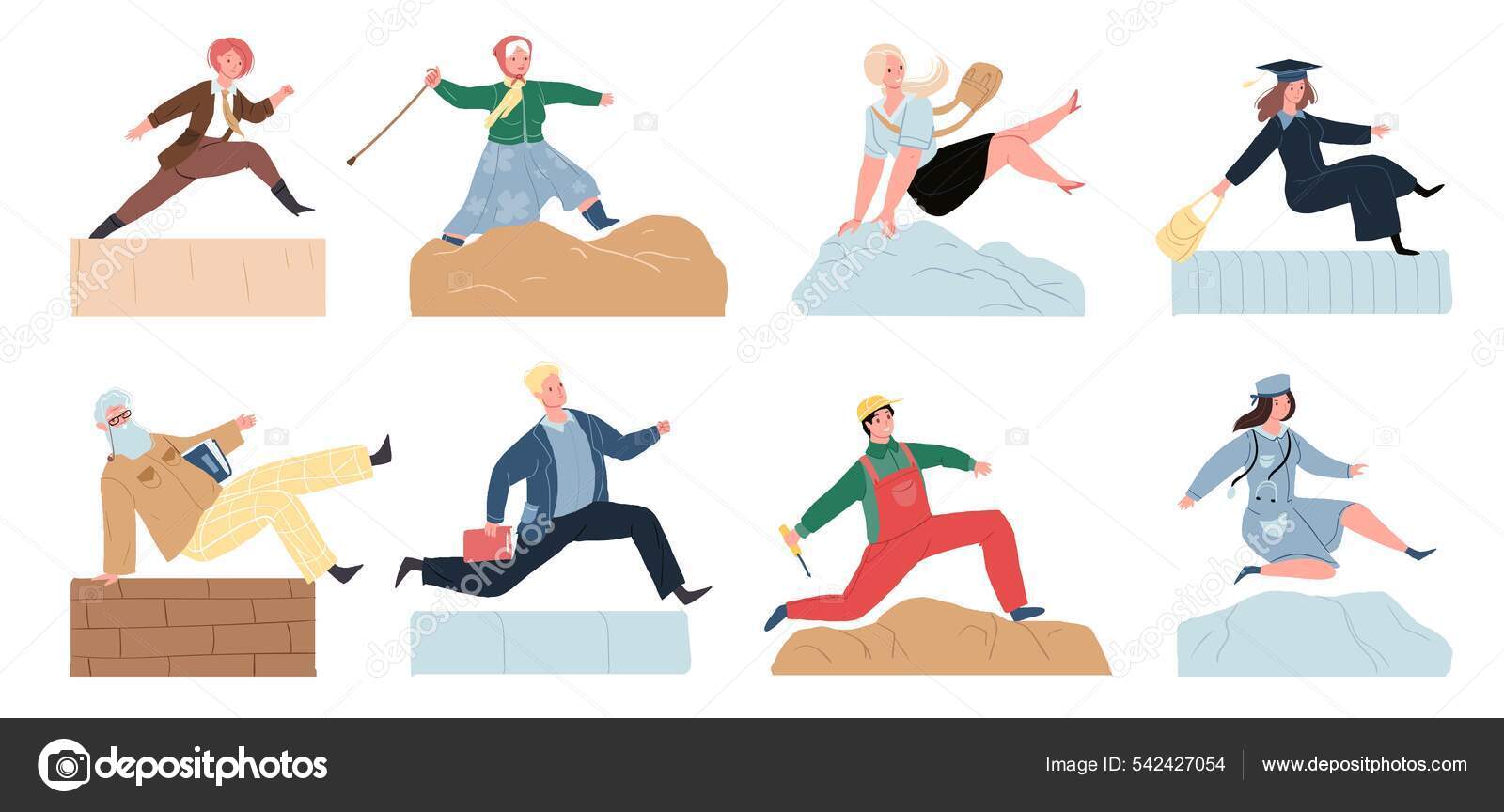 Flat cartoon characters jump over obstacles,success achieving metaphor ...