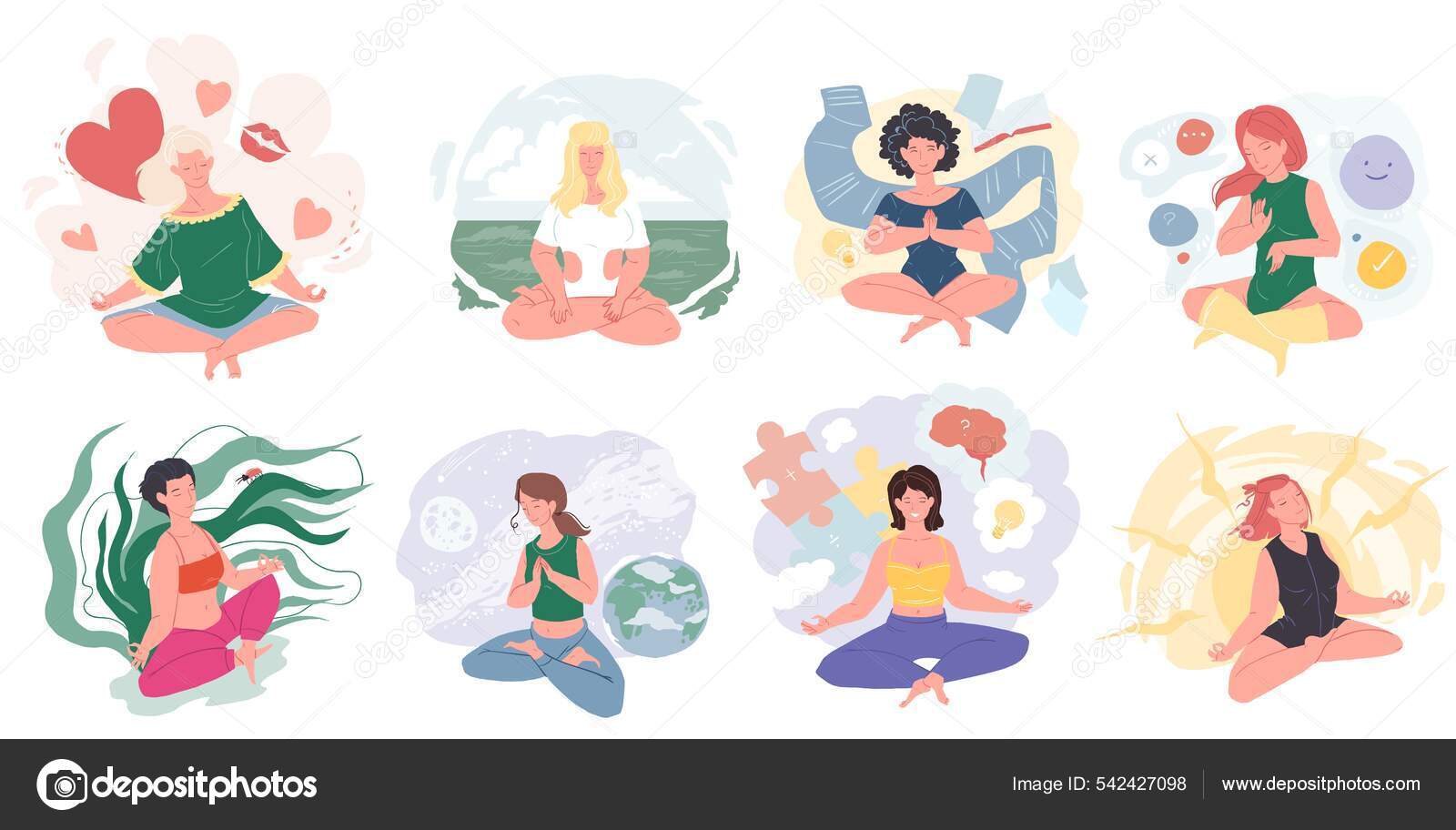 Flat cartoon girl characters in graphic metaphors for meditation,vector ...