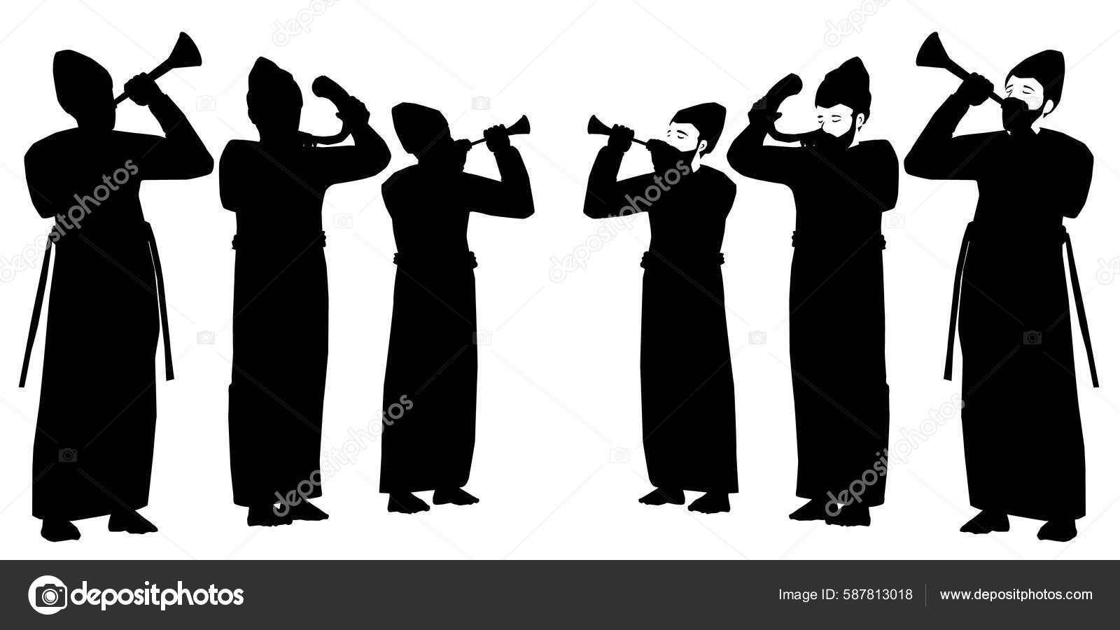 Six Jewish Priests Dressed Traditional Clothing Standing Blowing Shofar ...