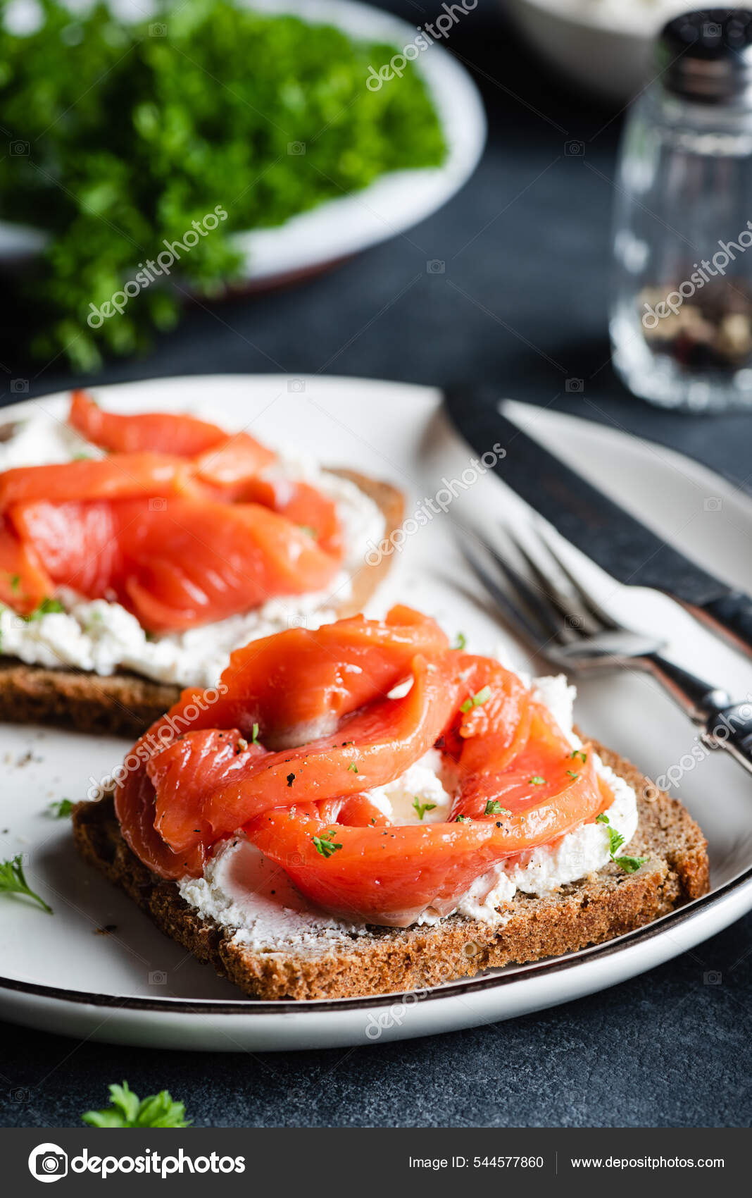 Salted Salmon Cream Cheese Sandwich Closeup View Stock Photo by ...