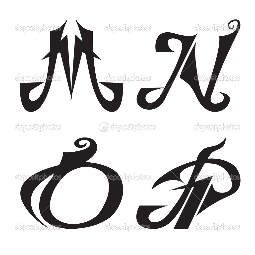 Letras abstractas alfabeto negro M, N, O, P. Conjunto de vectores 2022