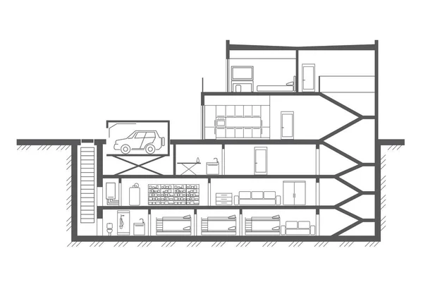 Linear Architectural Sketch Cottage Section Underground Hidden Tank ...