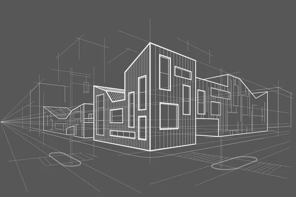 Linear architectural sketch concept abstract building on black ...