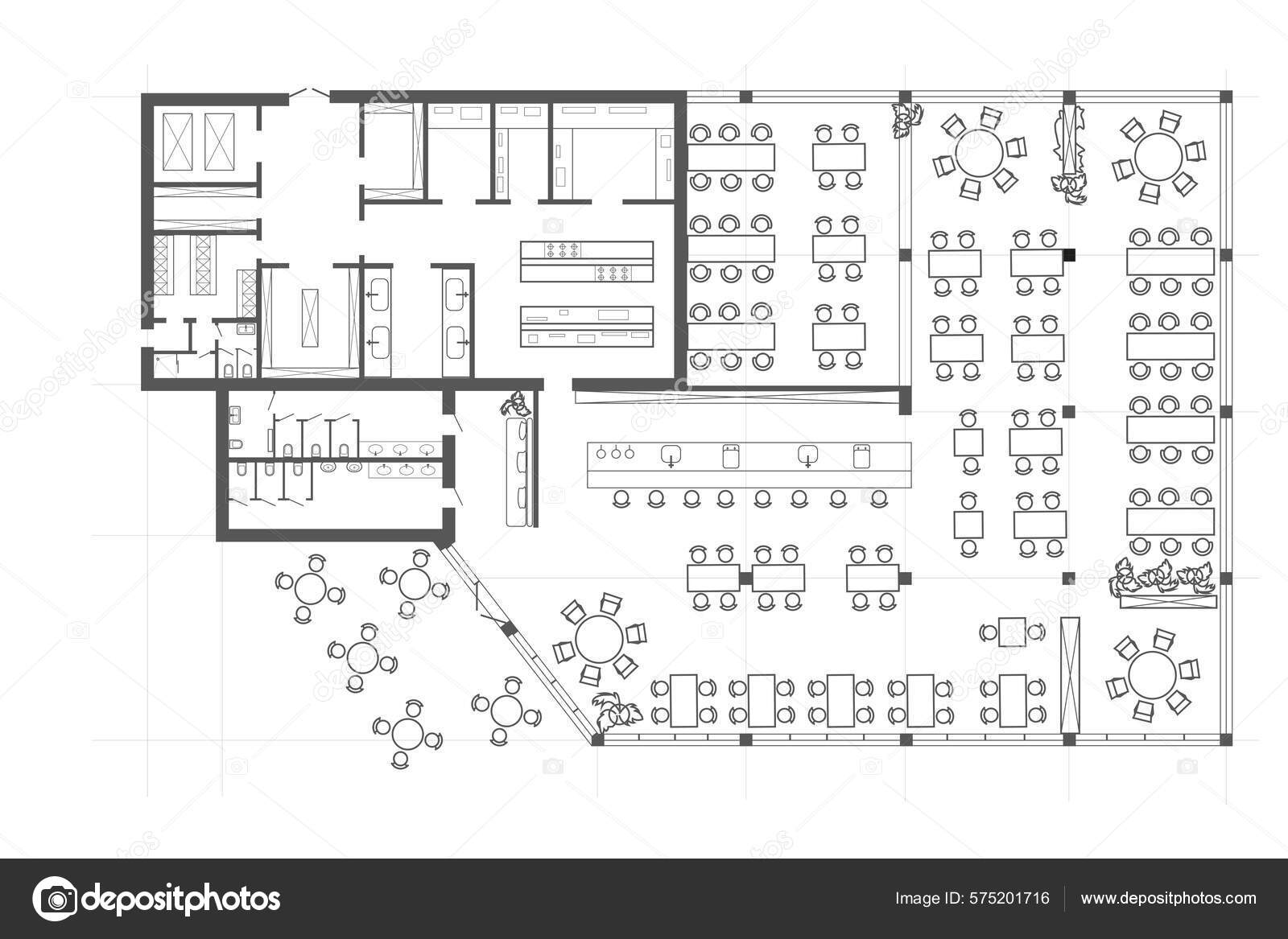 Linear Technical Sketch Restaurant Bar Kitchen Zone Plan White ...