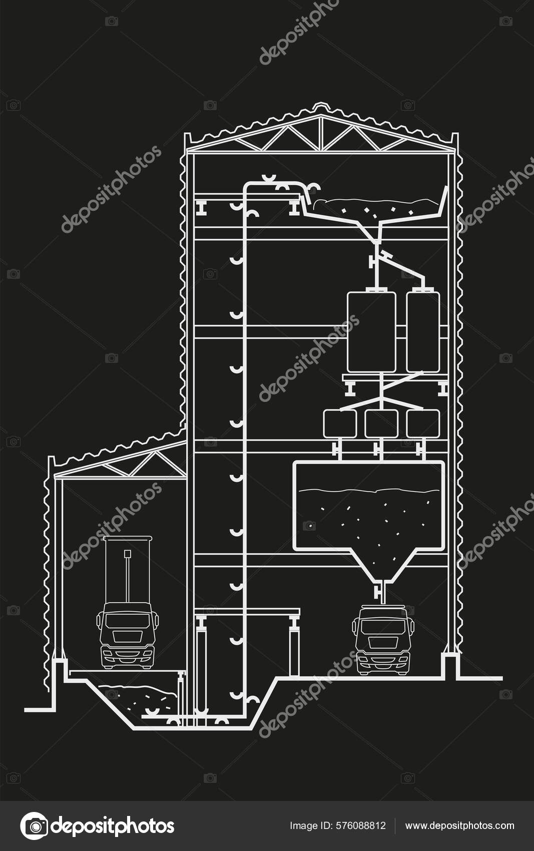 Linear Architectural Sketch Factory Section Elevator Black Background ...
