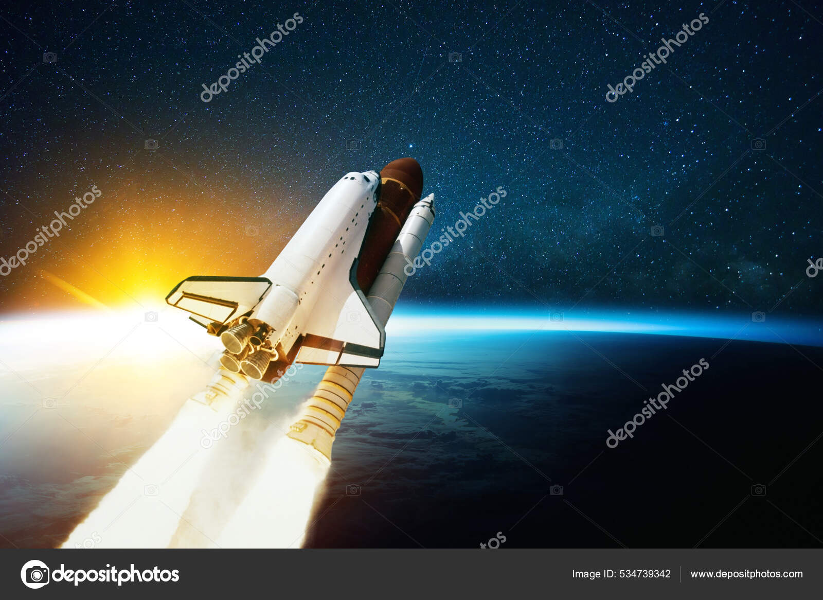 Space Rocket Lift Cosmos Smoke Blast Background Blue Planet Earth Stock ...