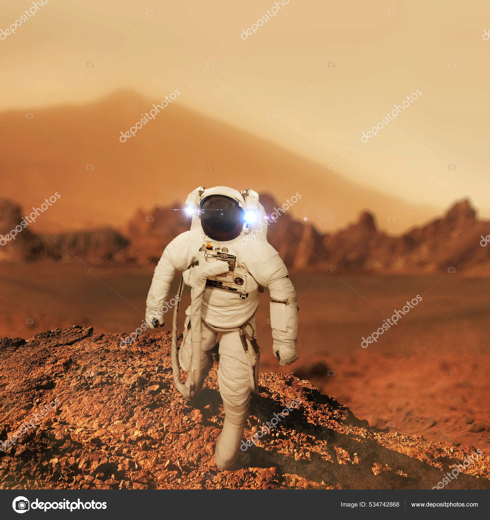 Space Man Astronaut Walks Red Planet Mars Man Travels Mars – Stock ...
