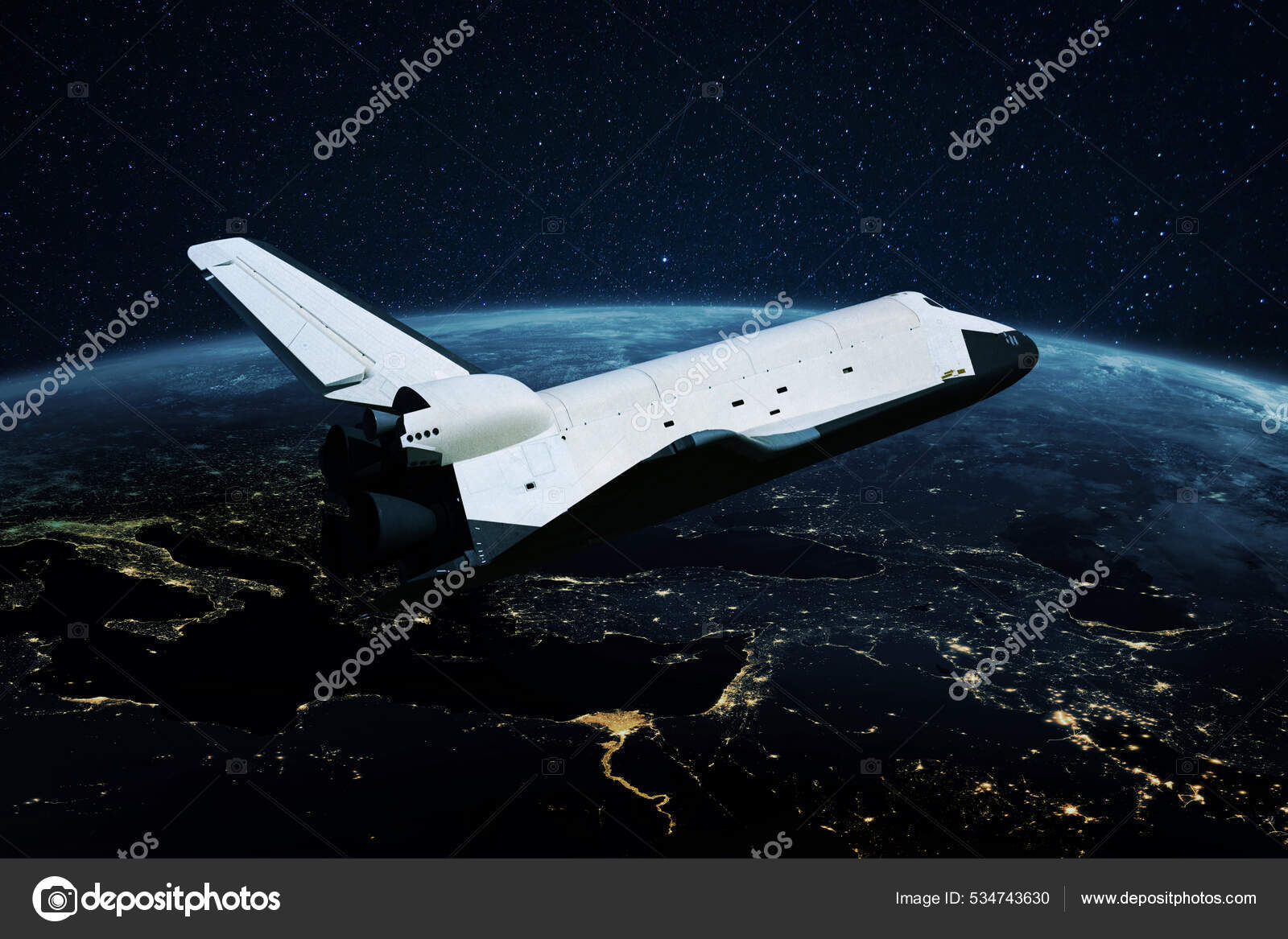Space Shuttle Rocket Flies Open Space Night Planet Earth Bright Stock ...
