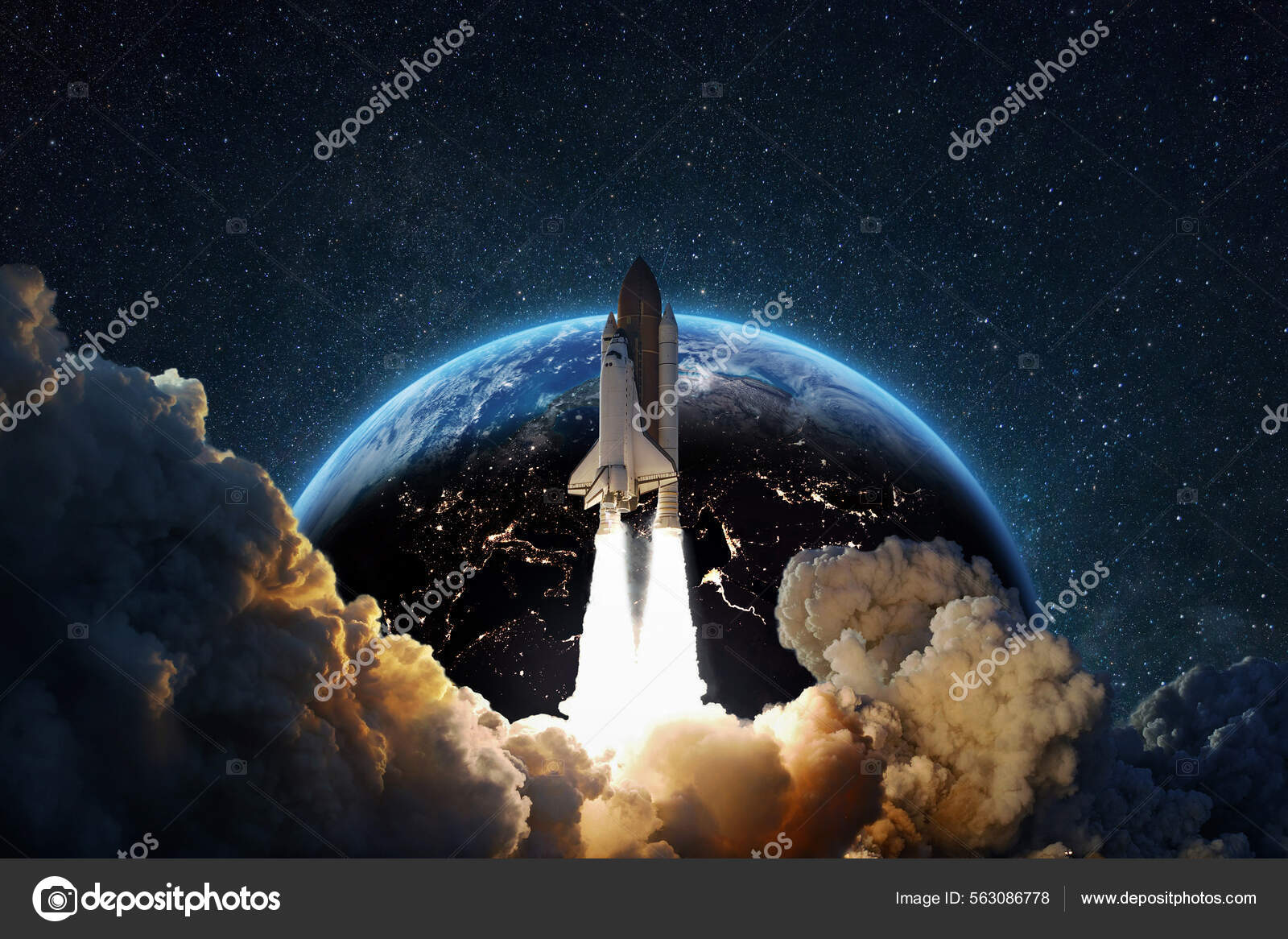 Rocket Successful Takeoff Deep Starry Space Backdrop Blue Earth Planet ...
