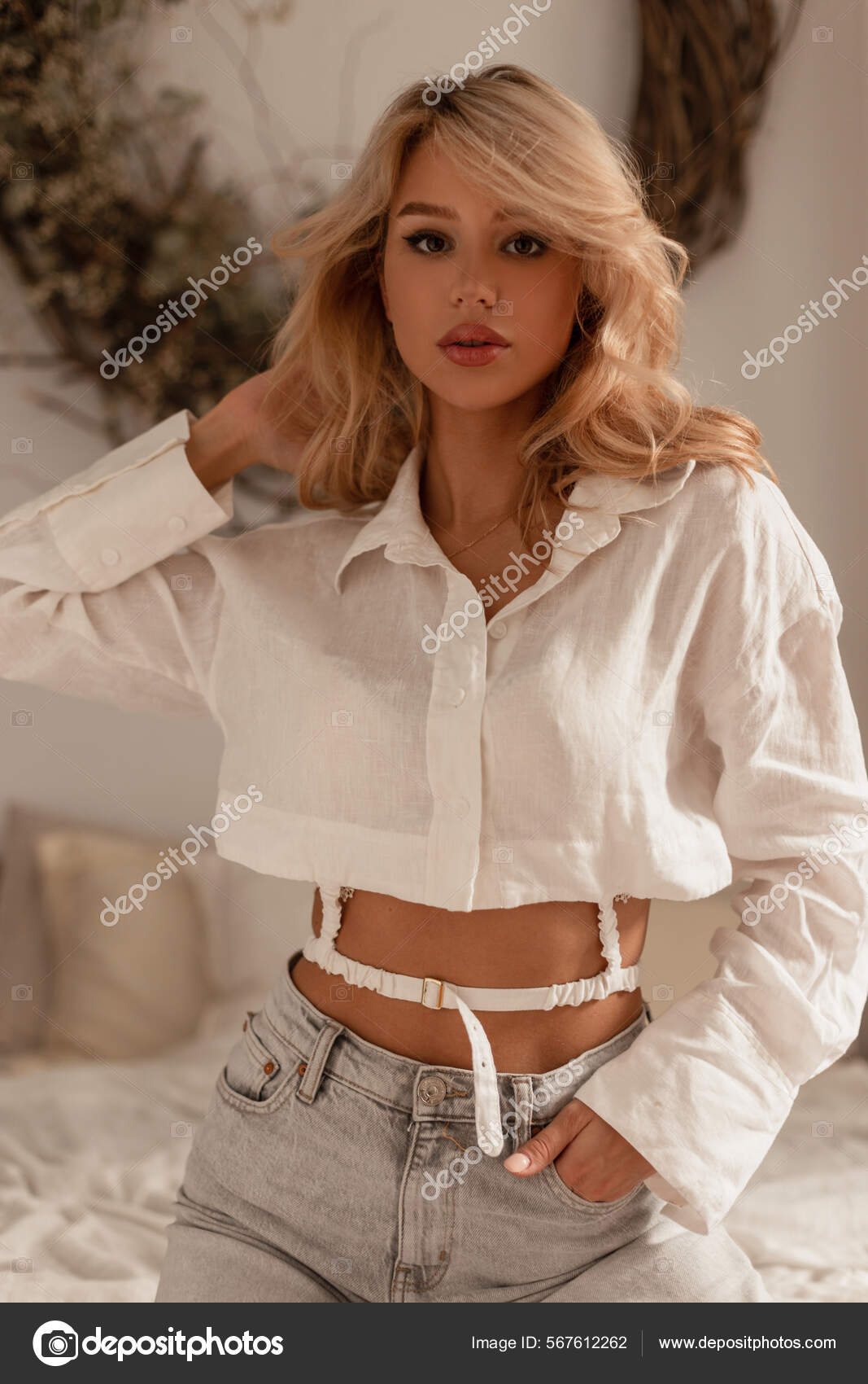 Glamorous Pretty Blonde Girl Model Fashionable White Clothes Shirt