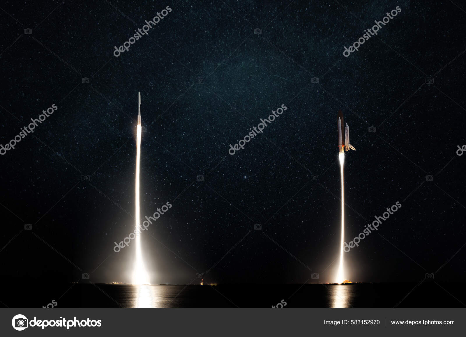 Two Blast Space Rockets Take Starry Sky Space Shuttles Spaceship ...