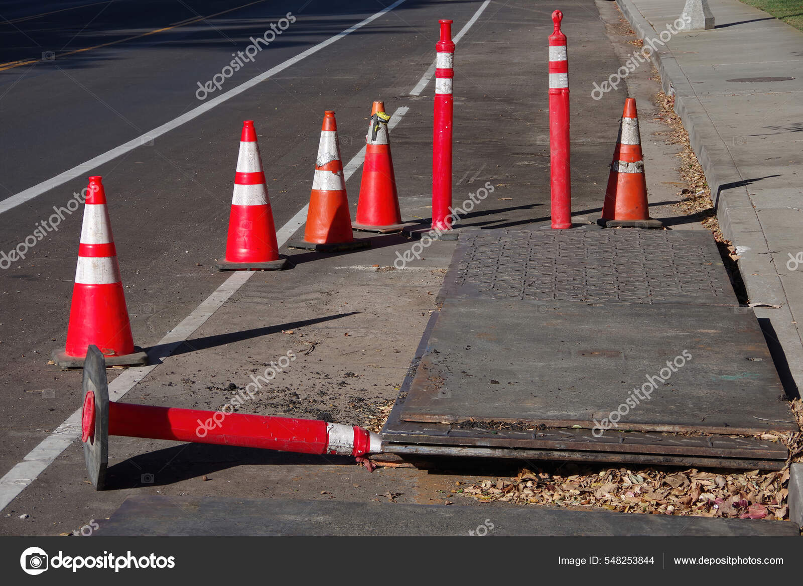 Pylons Steel Plates Dry Leaves City Street Construction Site Autumn ...