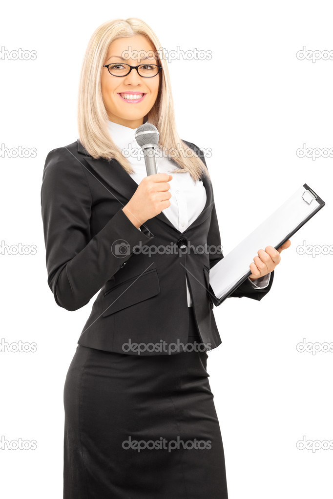 Female presenter holding microphone — Stock Photo © ljsphotography ...