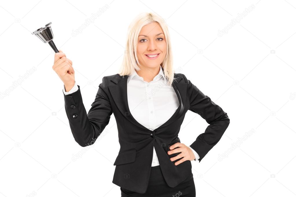 Woman ringing lunch bell — Stock Photo © ljsphotography #48317691