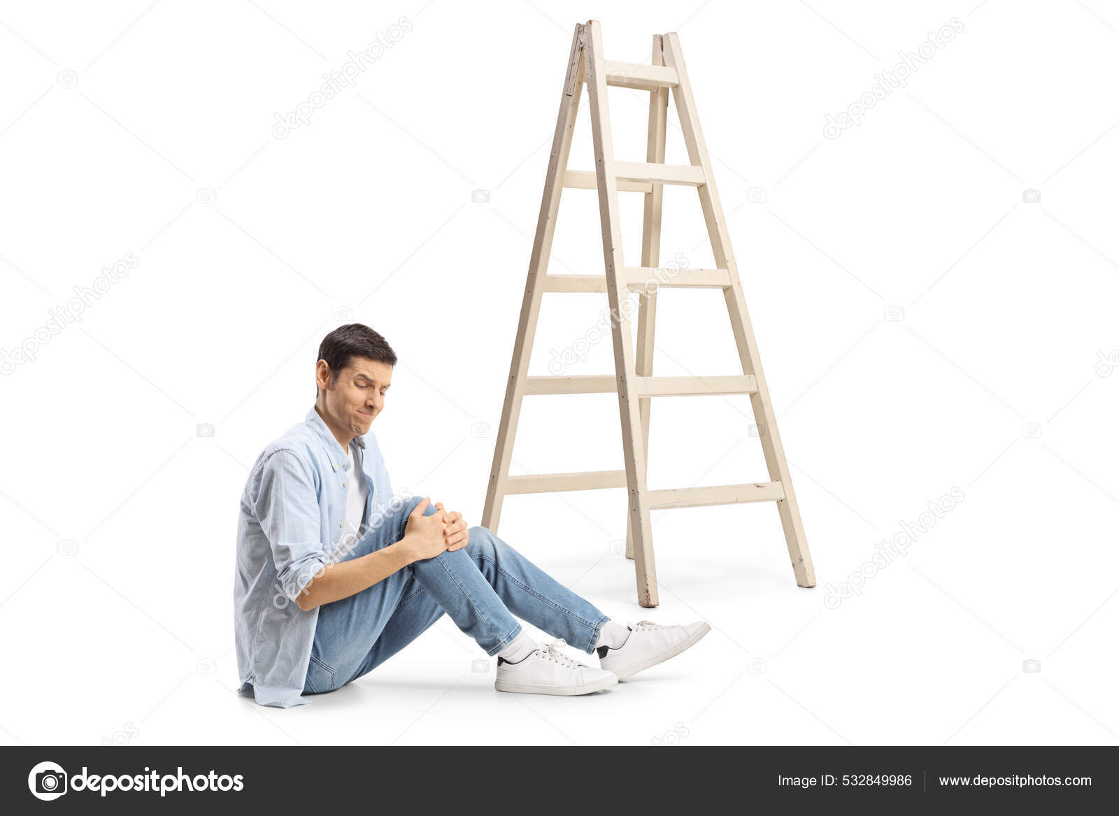 Young Man Floor Hurt Knee Pain Falling Ladder Isolated White — Stock ...