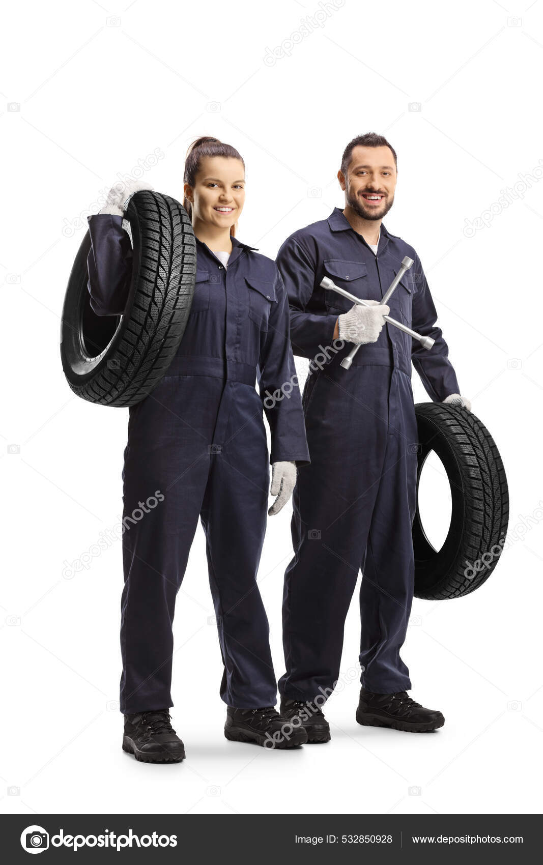 Male Female Auto Mechanic Workers Holding Lug Wrench Tool Car Stock ...