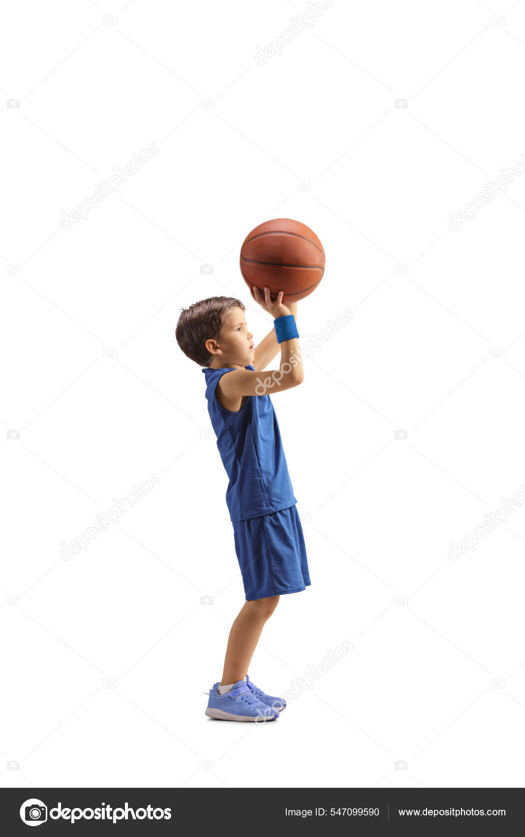 Full Length Profile Shot Boy Blue Jersey Shooting Basketball Isolated ...