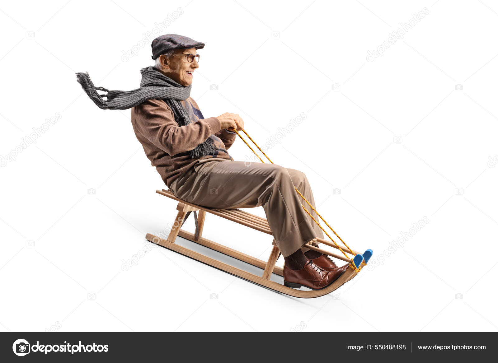 Elderly Man Riding Wooden Sleigh Isolated White Background Stock Photo ...
