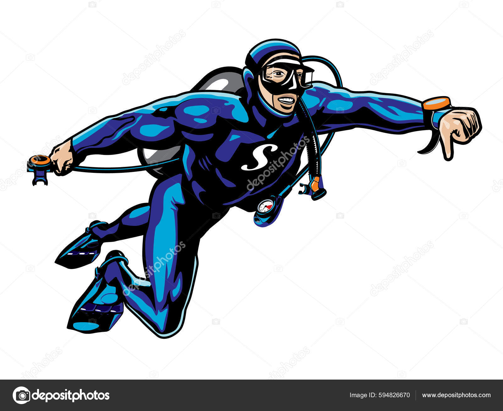 Diver Wetsuit Scuba Pose Flying Person Showing Command Dive Let's Stock ...
