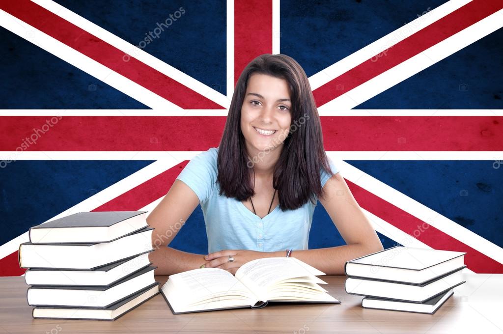 Young girl student pc on the background with UK flag Stock Photo by ...