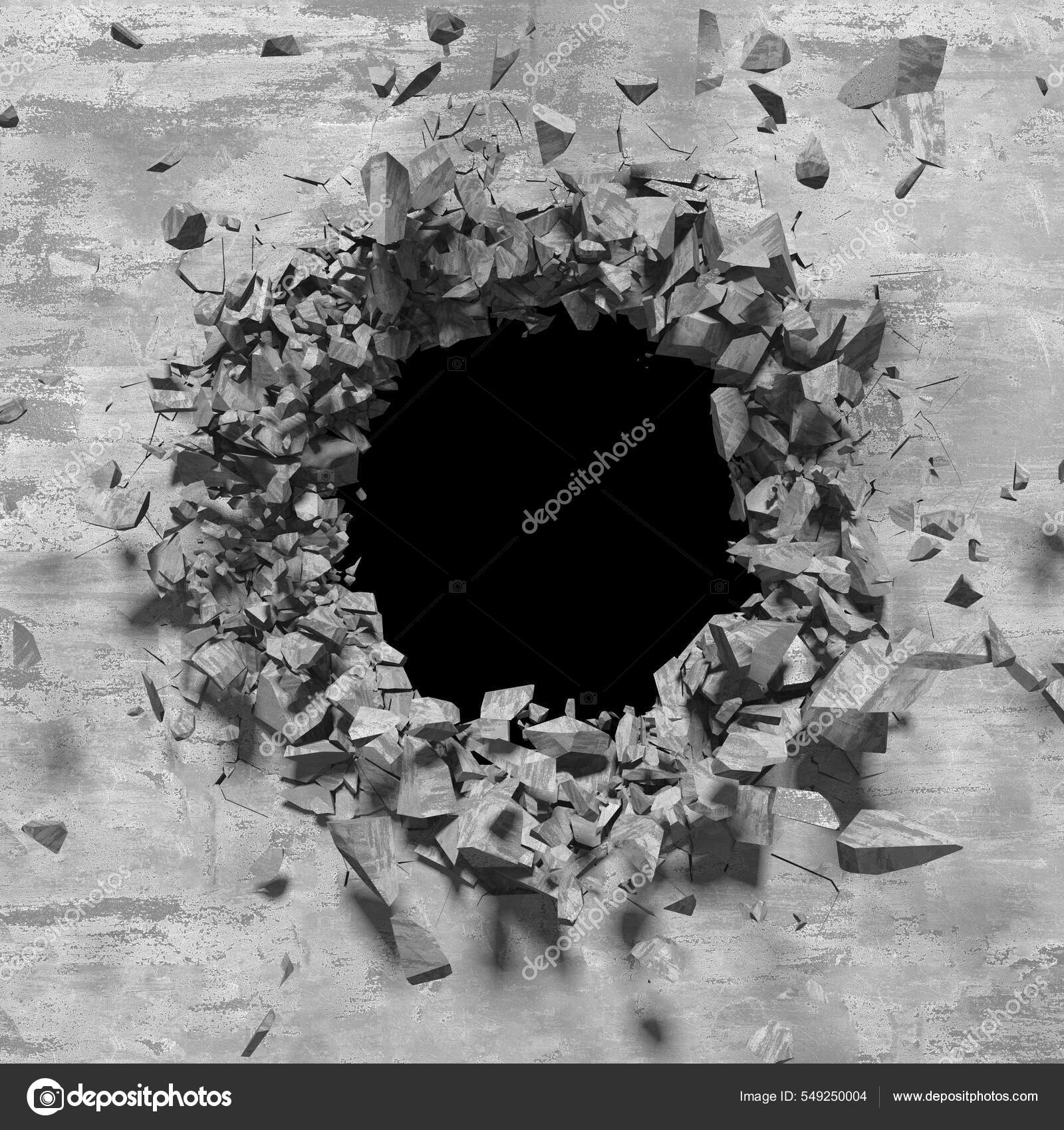 Explosion Broken Concrete Wall Bullet Hole Destruction Dark Cracked ...