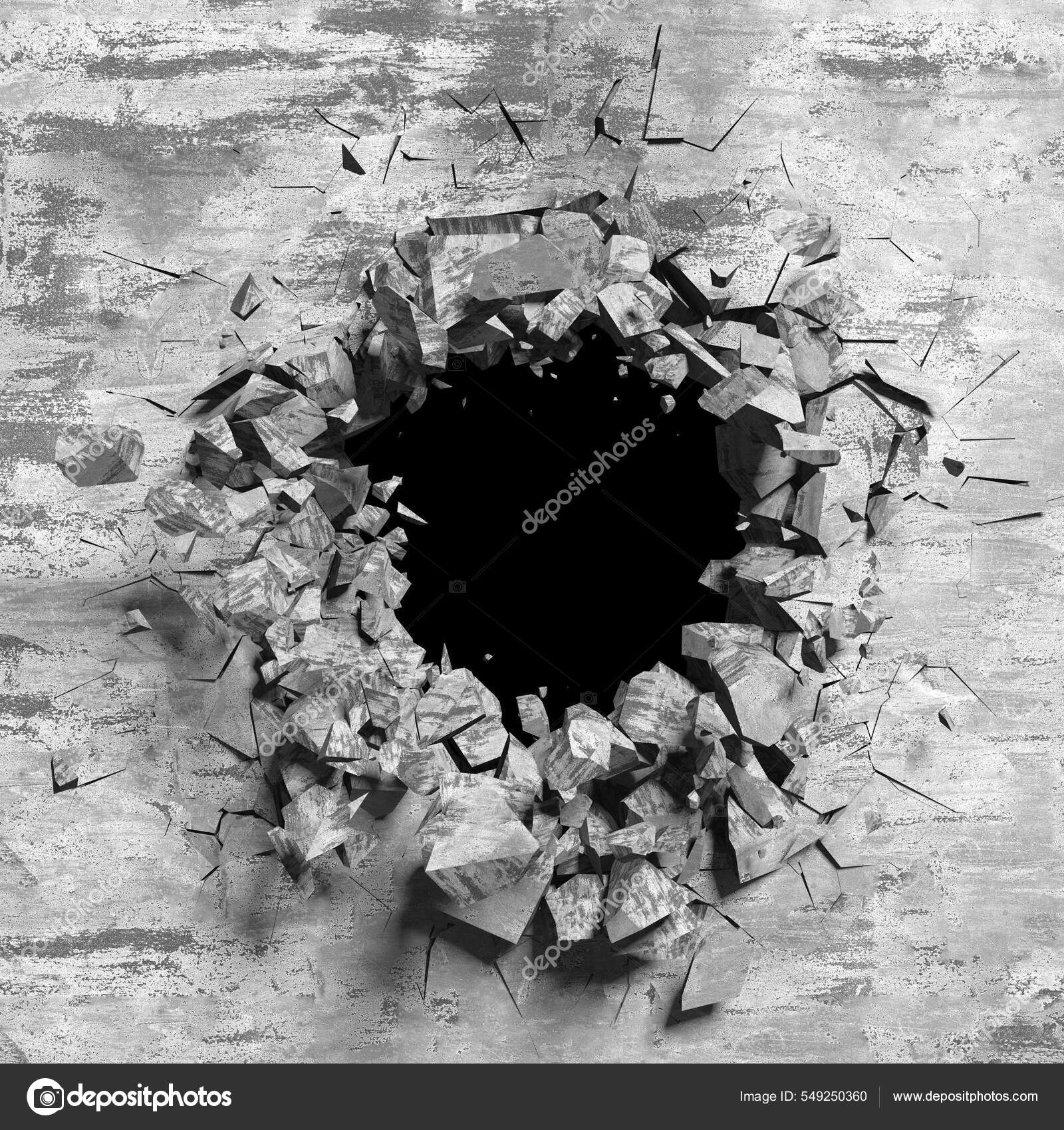 Explosion Broken Concrete Wall Bullet Hole Destruction Dark Cracked ...