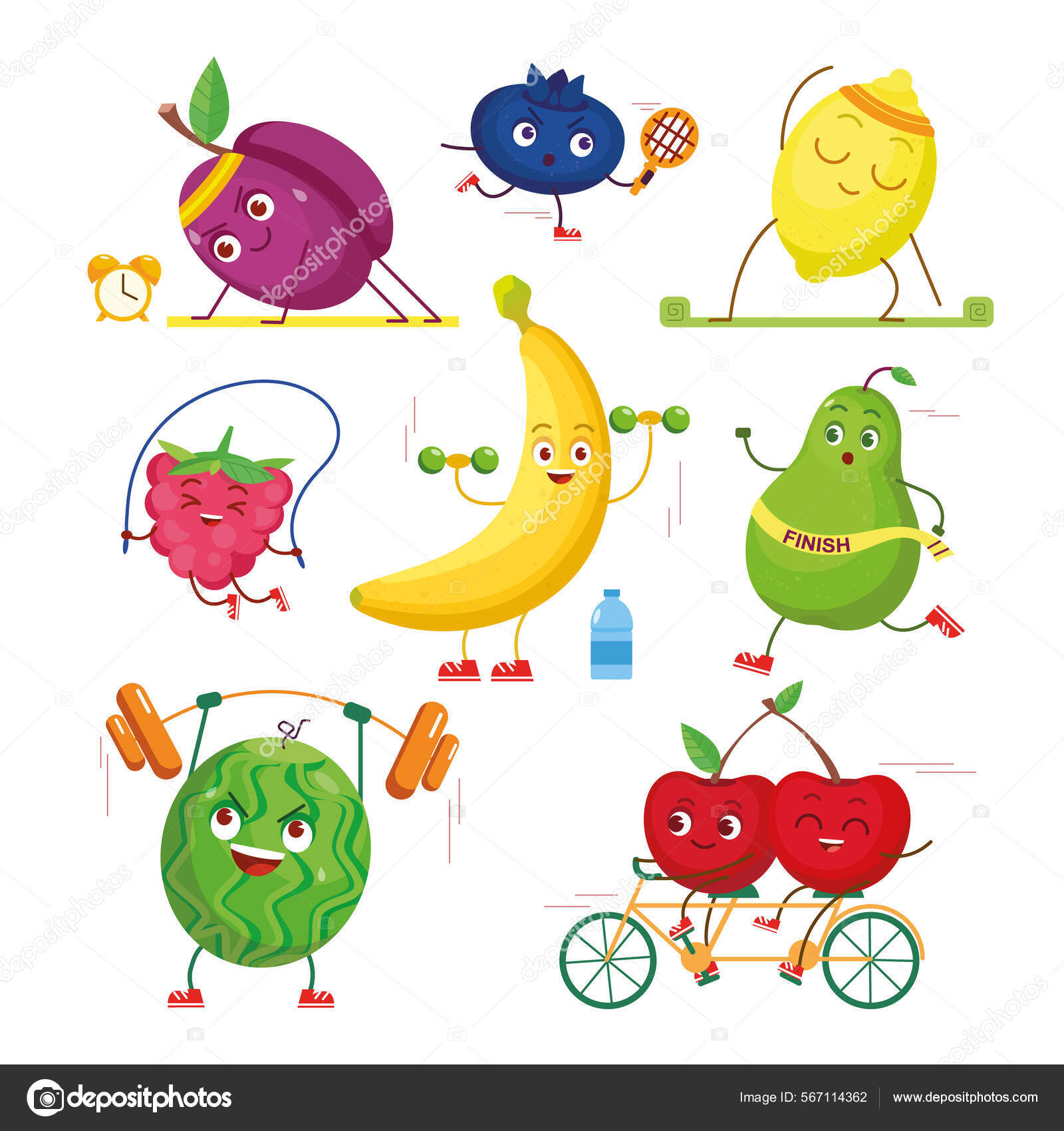 Cartoon fruits with childish smile face doing exercises, training and ...