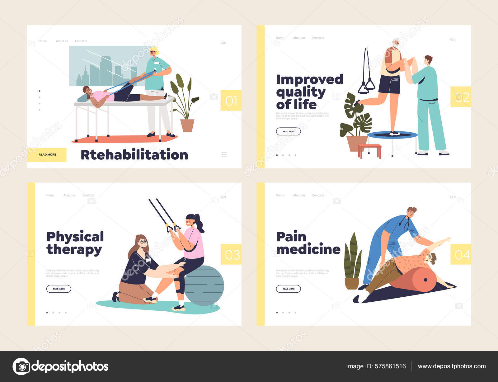 Rehabilitation Physical Therapy Concept Landing Pages Set People Rehab ...