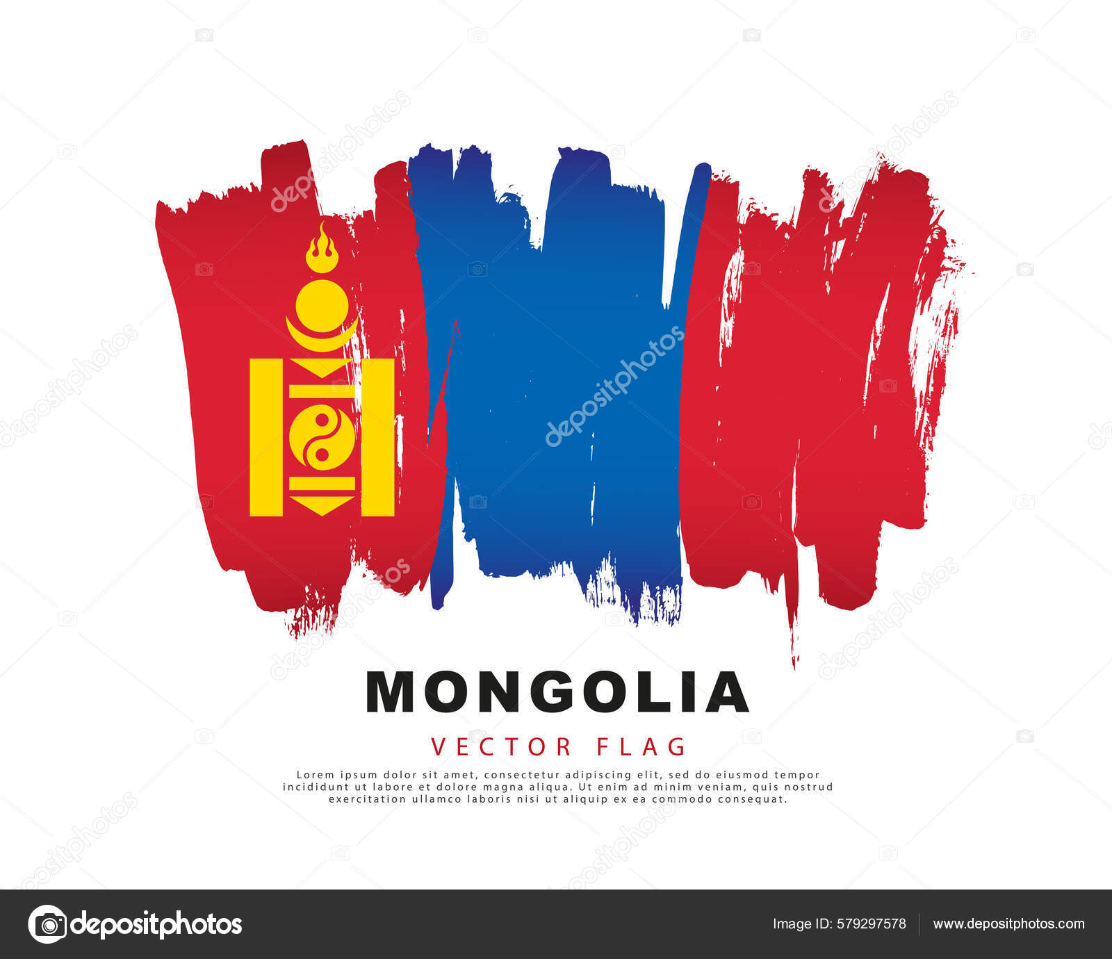 Flag Mongolia Red Blue Brush Strokes Hand Drawn Vector Illustration ...