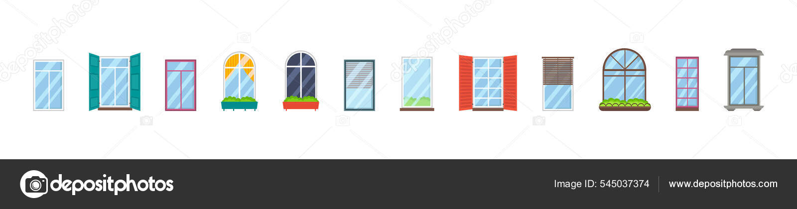 Set of realistic glass transparent plastic windows with window sills ...