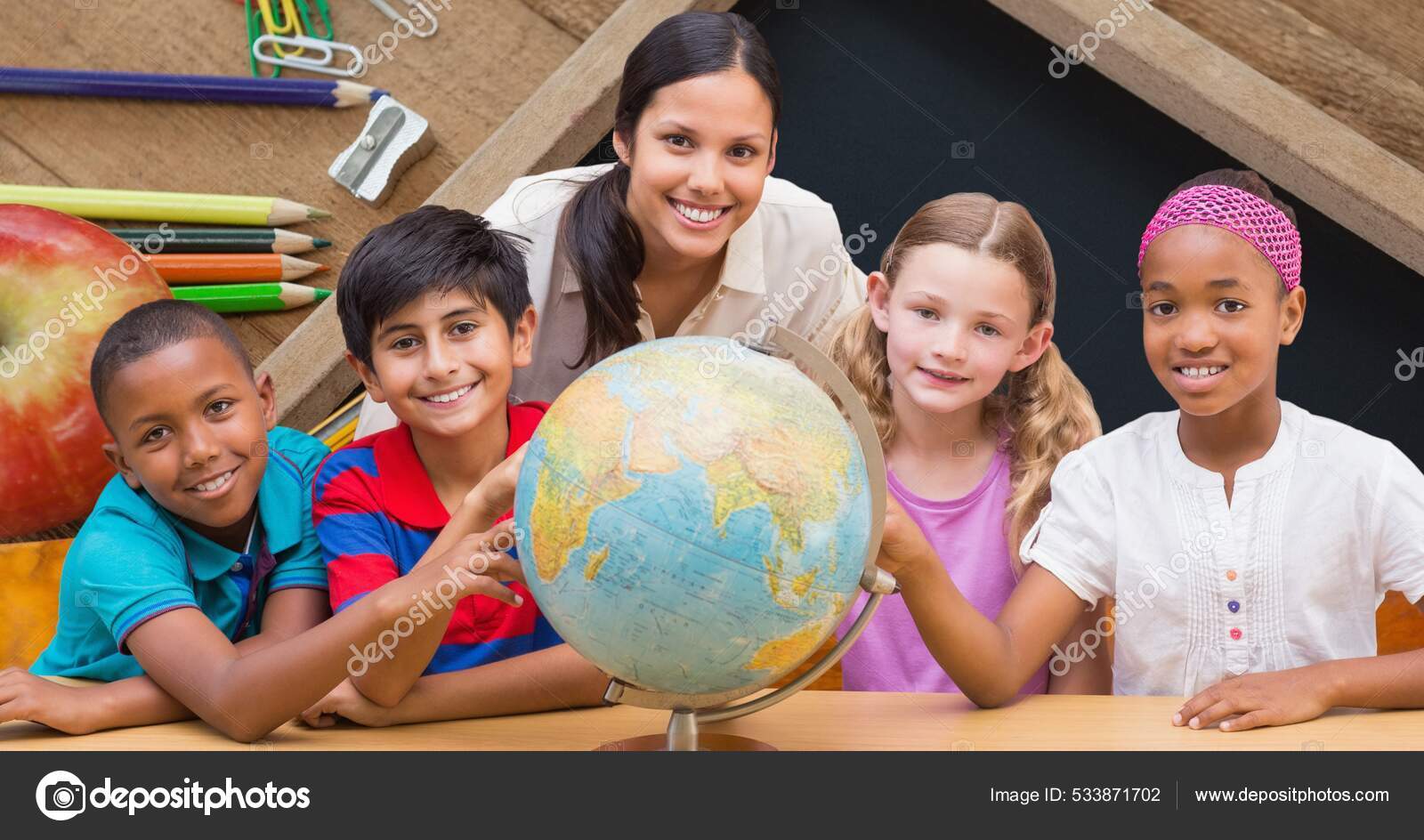 Portrait Smiling Teacher Students Learning Planet Earth Globe Digital Composite — Stock Photo ...