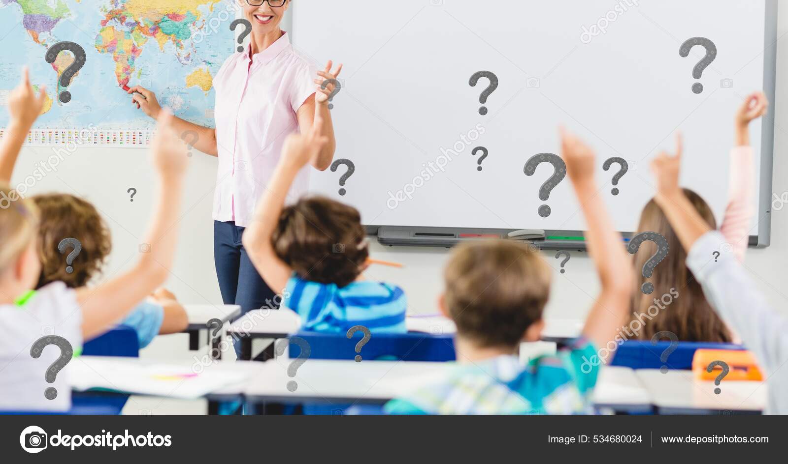 Digital Composite Question Marks Students Raised Hand Answering Teacher ...