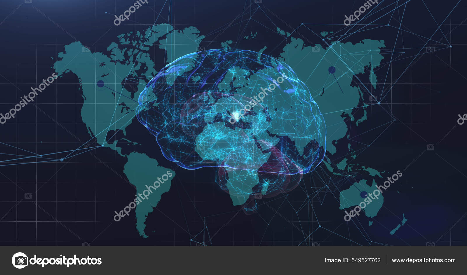 Human Brain Spinning Network Connection World Map Blue Background ...