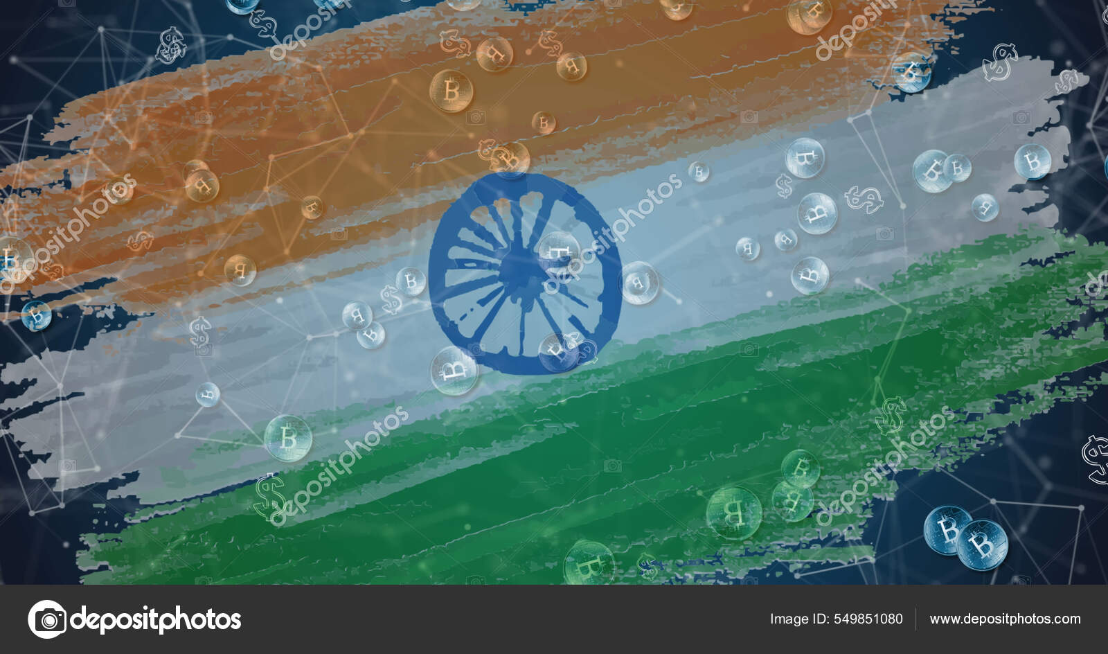 Image Bitcoin Symbols Flowing Flag India Background Global Business ...