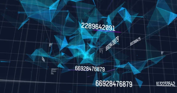 Image of numbers changing over navy background with shapes. network ...