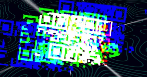 Image of qr code rotating on black background with isohypses. colour, movement, technology and ...