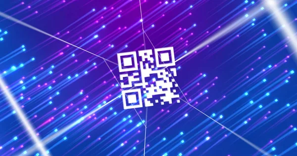 Image of qr code over moving blue and pink lights. colour, movement ...