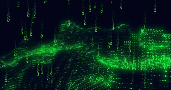 Image of green binary coding data processing over waving on black background. data processing ...