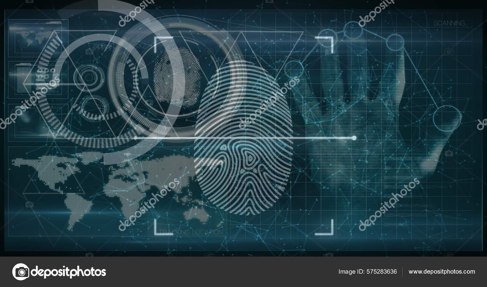Human Hand Scanning Fingerprint Biometric Scanner World Map Blue ...