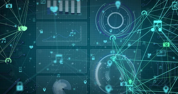 Image of connections, data and icons on green background. global ...